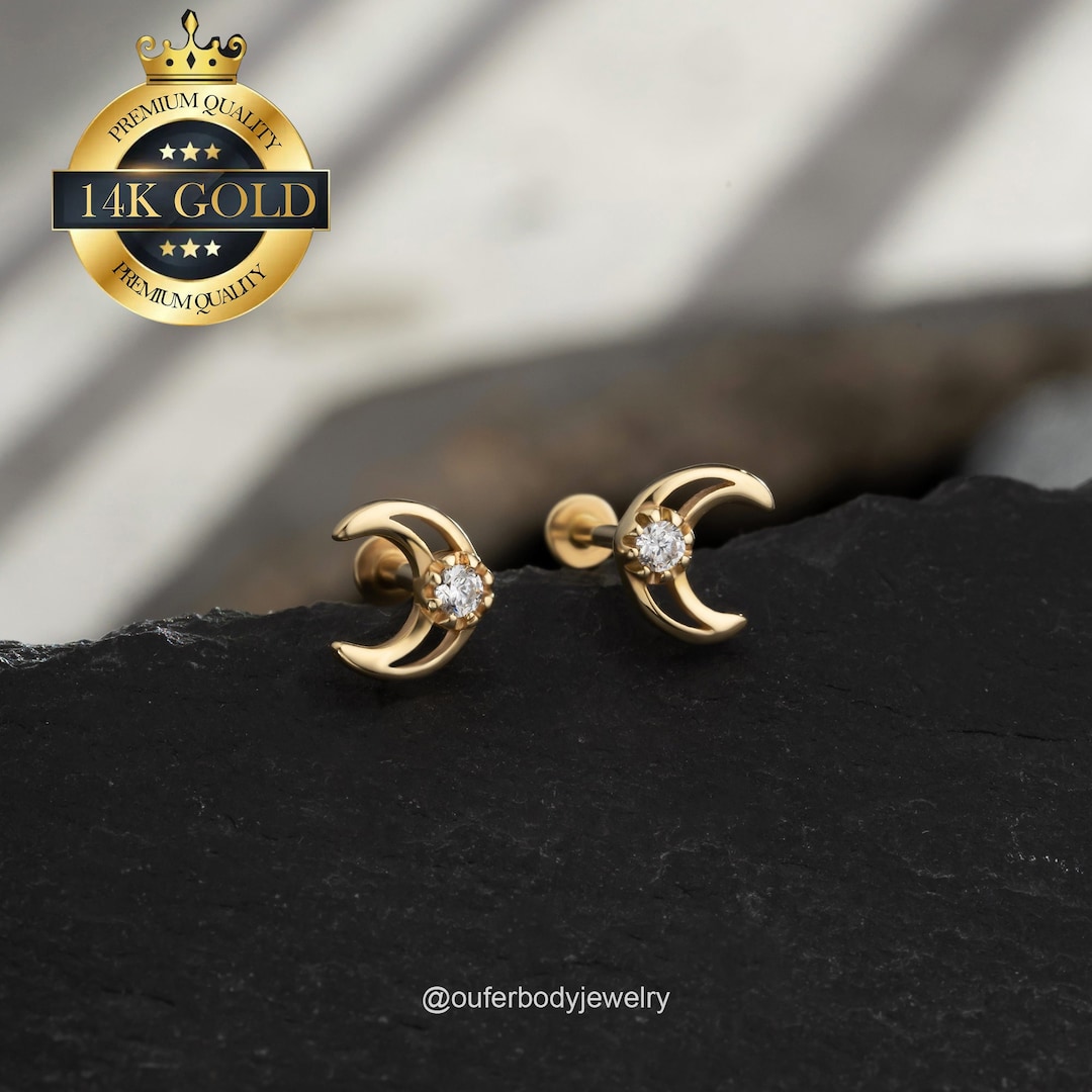 14K Solid Gold Moon Threadless Flat Back Stud Earring/push Pin Labret ...
