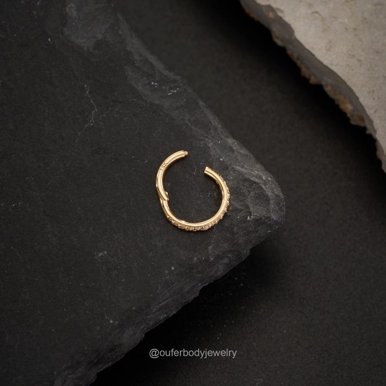 14K Solid Gold Paved CZ Cartilage Hoop/tiny Nose Ring/helix Hoop/hinged ...