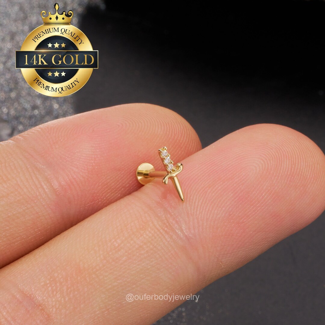14k Solid Gold Tiny CZ Dagger Threadless Push Pin Labret Stud/cartilage Earring/conch/helix ...