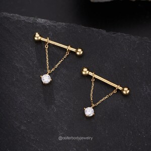 A Pair 14K Solid Gold Nipple Chain/dangle Nipple Rings/nipple Jewelry ...