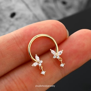 14K Solid Gold Dangle Butterfly Septum Ring/horseshoe Ring/daith Earrings/cartilage Hoop/septum ...