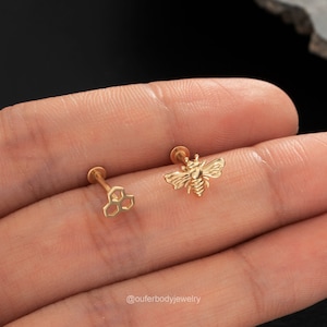 14K Solid Gold Bee & Honeycomb THREADLESS Cartilage Earring/push Pin Labret Stud/helix/conch ...