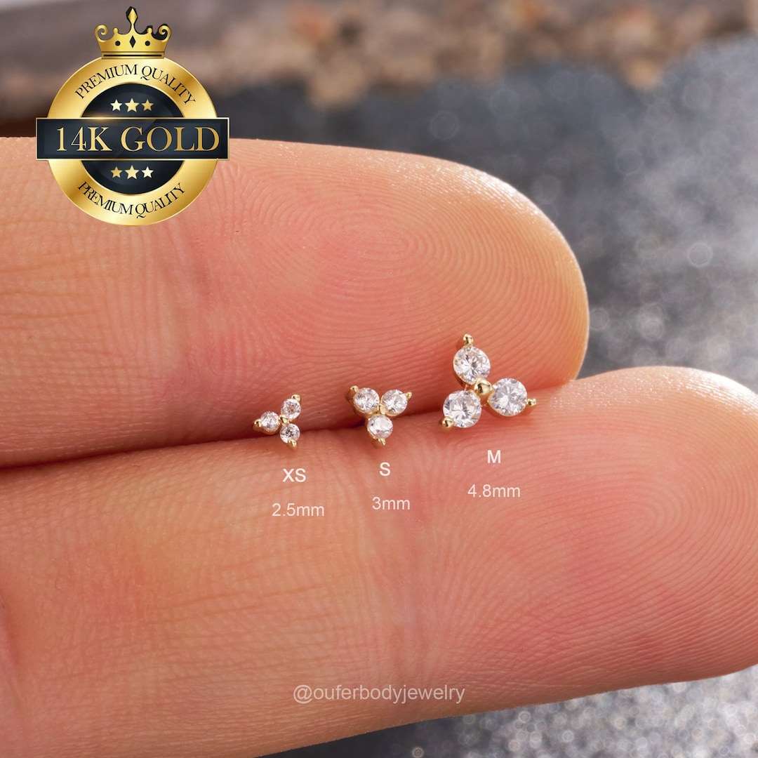 14K Solid Gold Trinity Flower Cartilage Earrings/threadless Push Pin ...