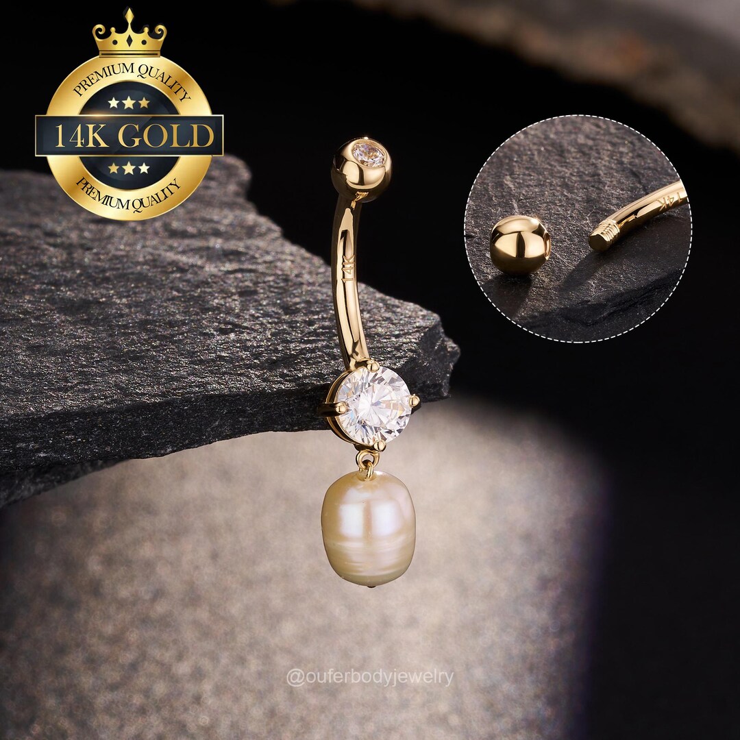 14K Solid Gold Dangle Pearl Belly Button Ring/navel Ring/curved Barbell ...