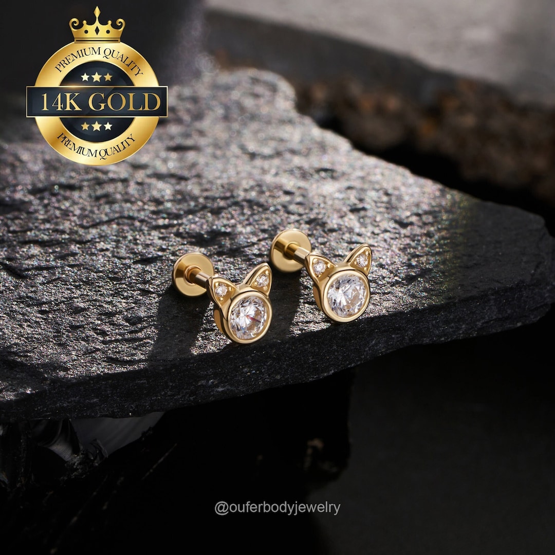1 Pieces 14K Solid Gold Tiny Cat Cartilage Flat Back Labret Stud ...