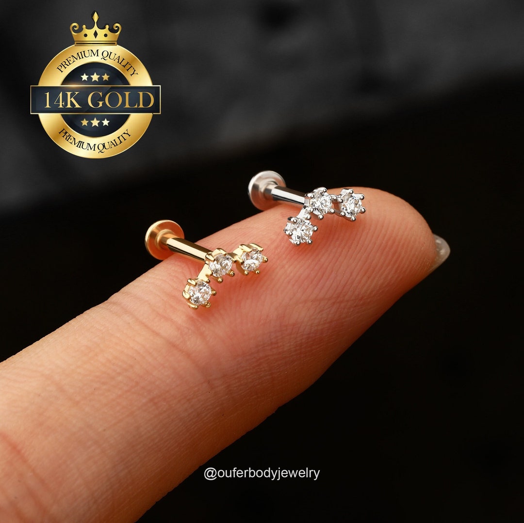 14k Solid Gold CZ Cartilage Flat Back Earring/threadless Push-in Labret ...