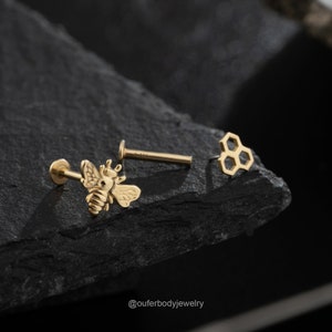 14K Solid Gold Bee & Honeycomb THREADLESS Cartilage Earring/push Pin Labret Stud/helix/conch ...