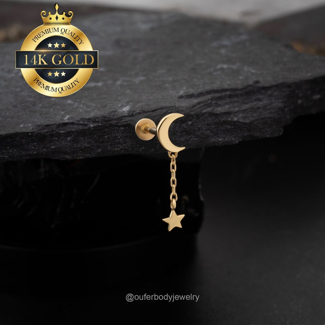 14K Solid Gold Moon Star Dangle Stud Earrings/threadless Push Pin Flat Back Stud/cartilage/helix ...