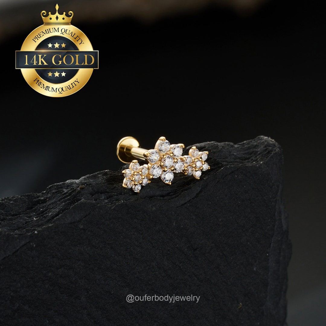14K Solid Gold Three Flower Interanlly Threaded Stud Earrings/cartilage ...
