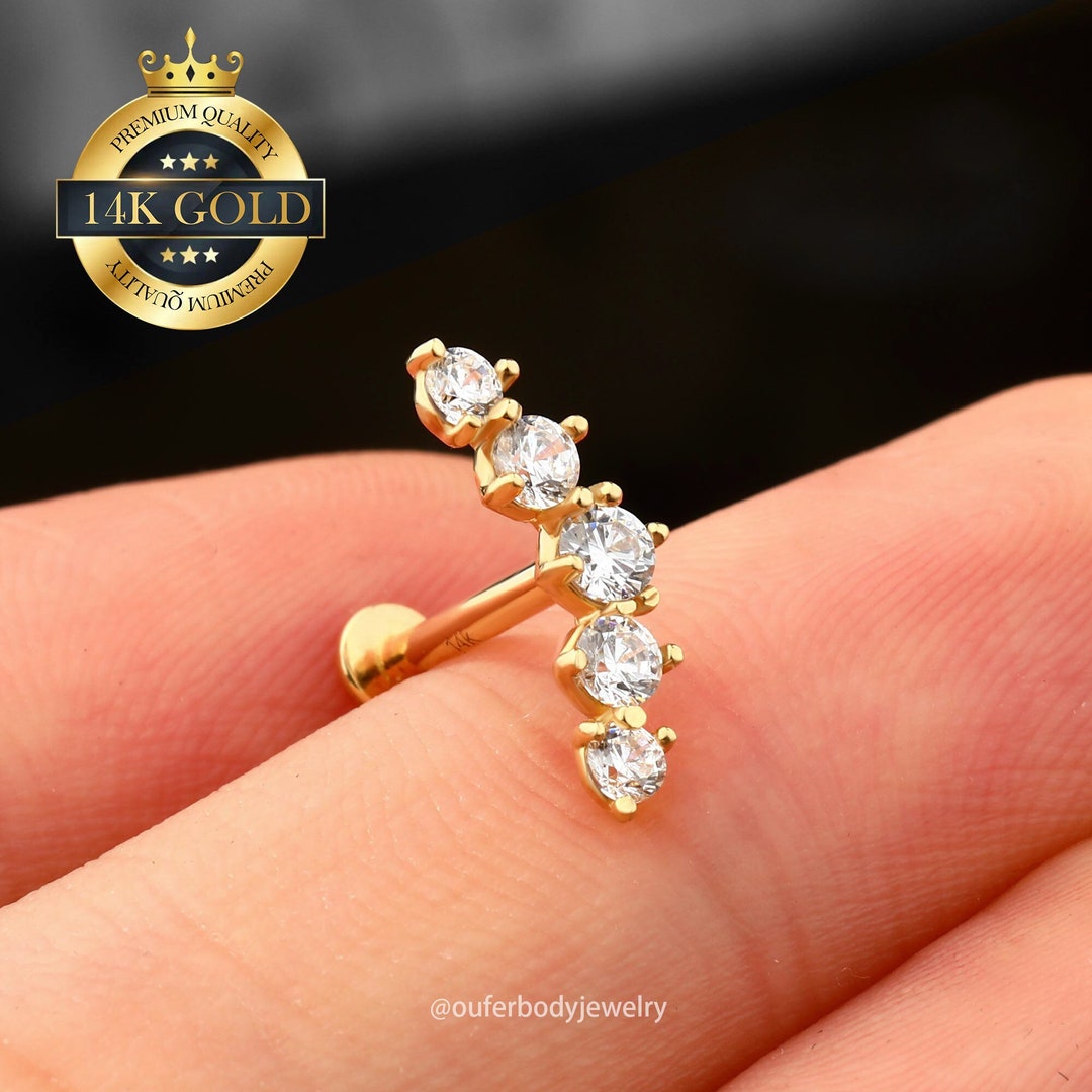 14K Solid Gold Threadless Tiny Climber Stud Earrings/inner Conch ...