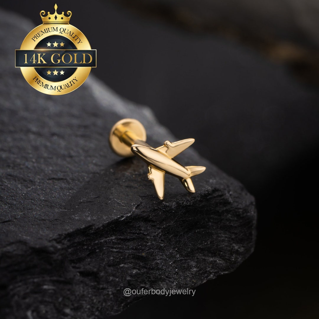 14K Gold Aircraft Threadless Push-in Labret Stud/plane Earrings/tragus ...