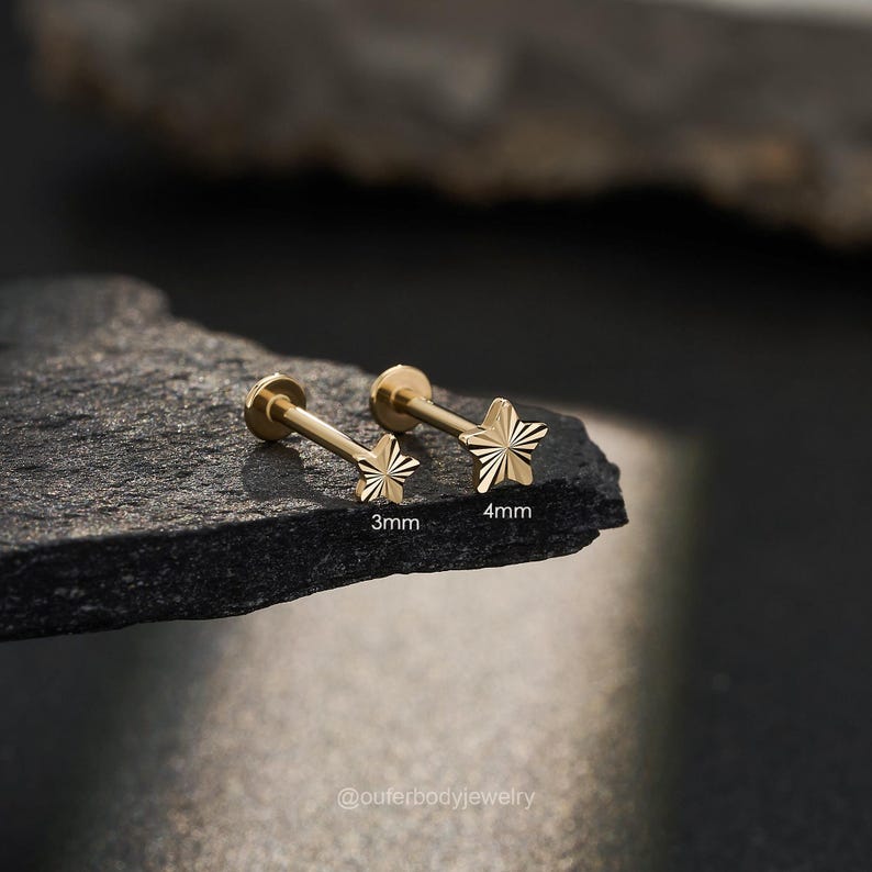 14K Solid Gold Star Diamond Cut Texture Nose Stud/threadless Push Pin ...