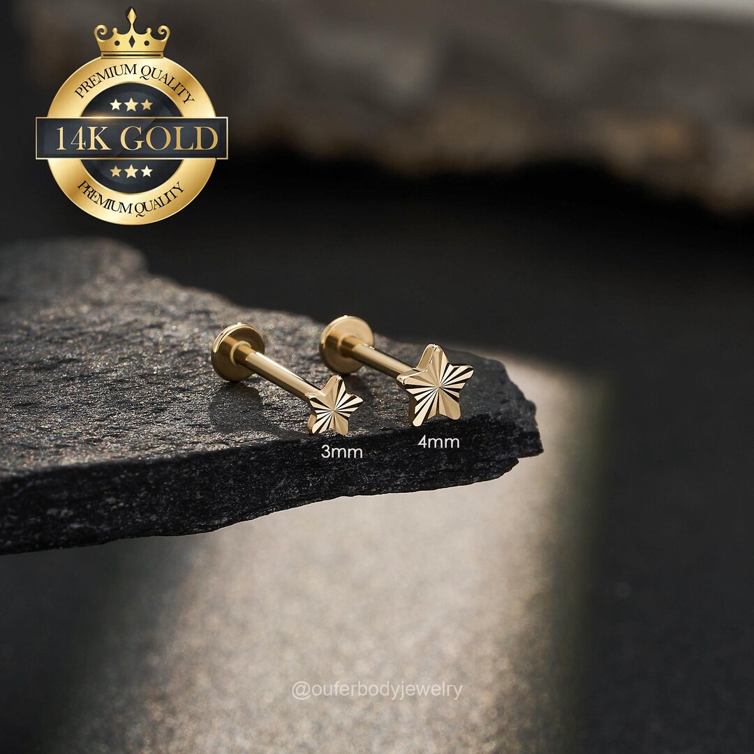 14K Solid Gold Star Diamond Cut Texture Nose Stud/threadless Push Pin ...