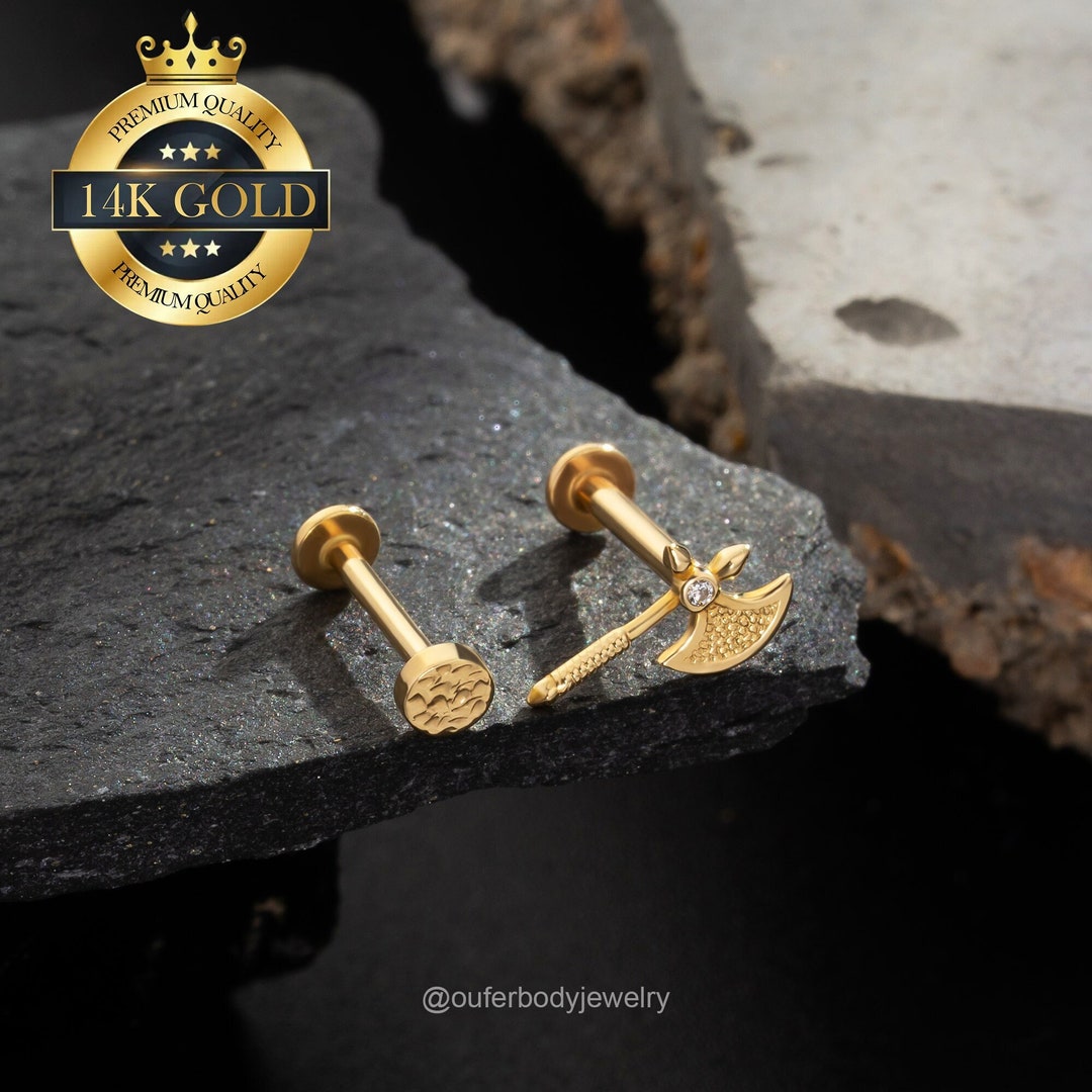 14K Gold Hammered Disc &axe THREADLESS Cartilage Earring/push Pin ...