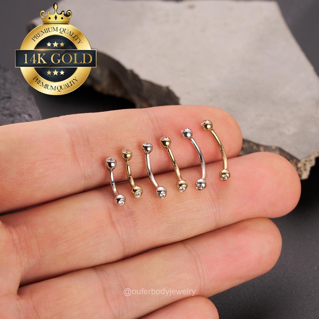 14K Solid Gold 16G CZ Ball Ends Curved Barbell/rook Barbell/belly Ring ...
