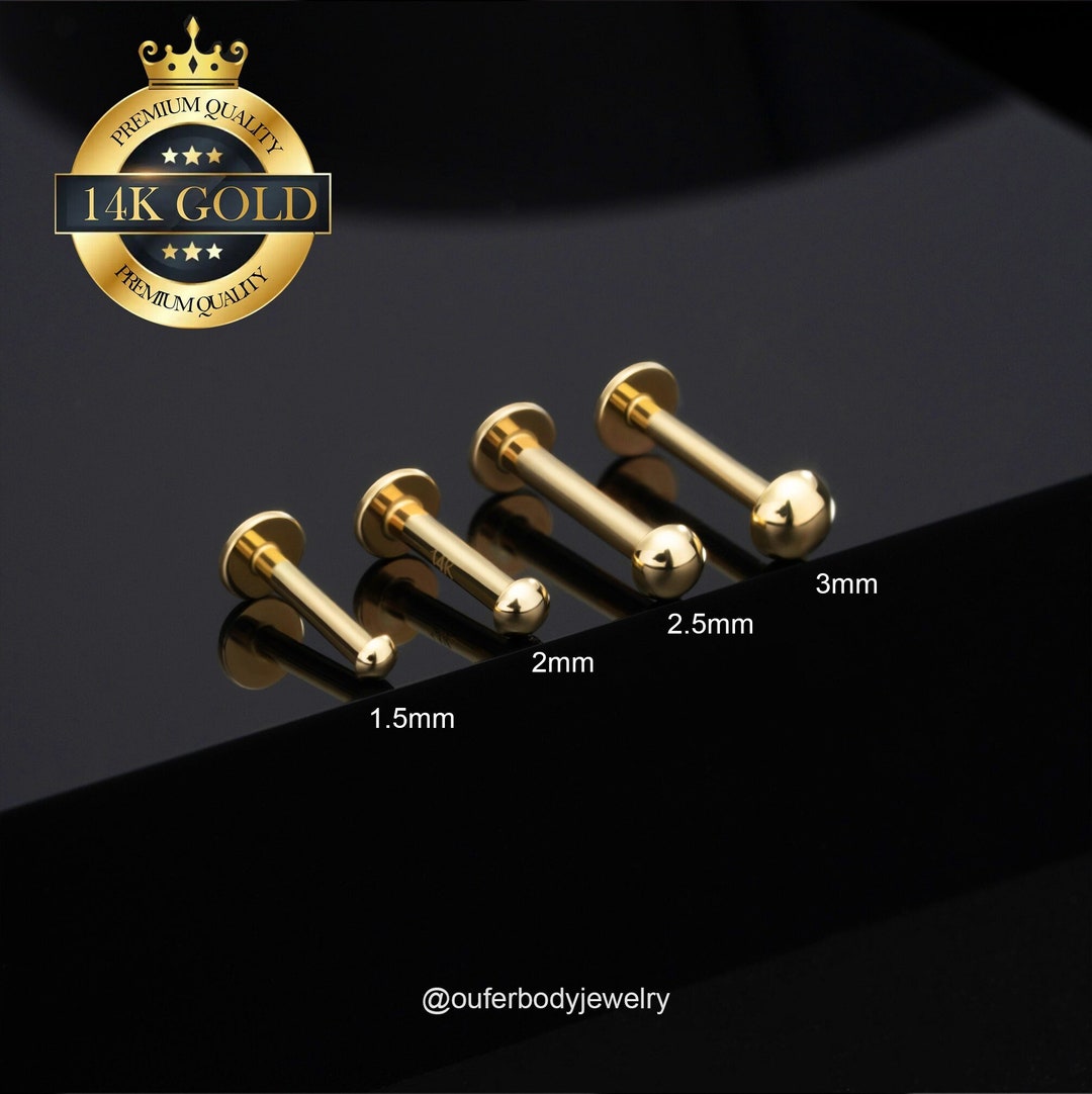 14K Solid Gold Semi Ball THREADLESS Ends/push in Labret Piercing/tiny ...