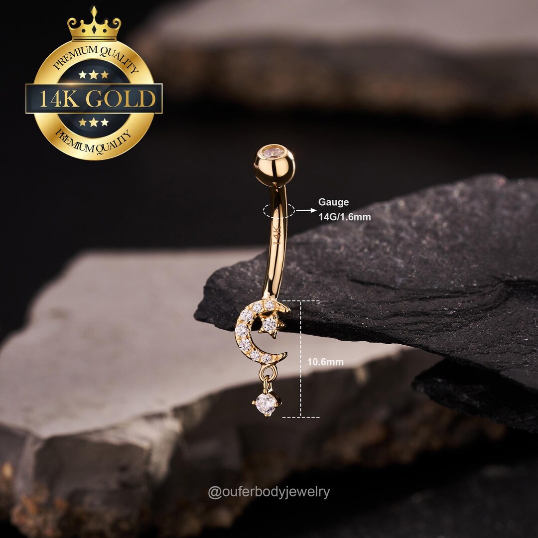 14K Solid Gold Moon Star Dangle Belly Button Ring/navel Jewelry/curved ...
