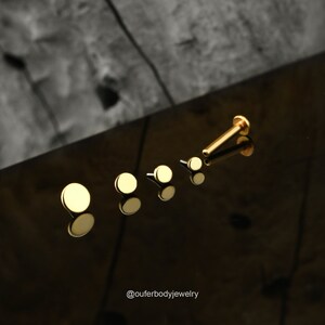 14K Solid Gold Tiny Flat Disc Threadless Push Pin Labret Stud/1.5/2/2.5 ...