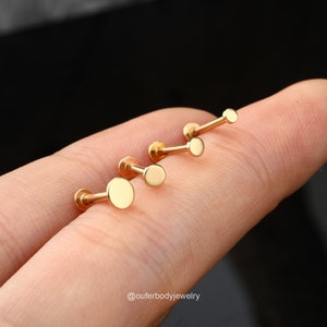 14K Solid Gold Tiny Flat Disc Threadless Push Pin Labret Stud/1.5/2/2.5 ...