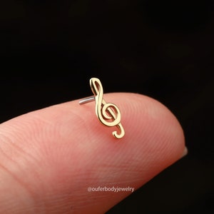 14K Solid Gold Music Note Stud Earring/threadless Push Pin Labret Stud ...