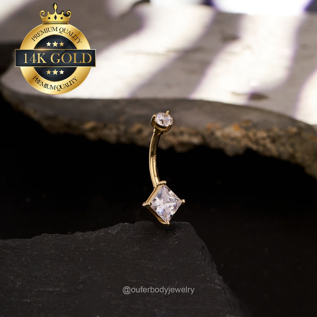 14K Solid Gold Square CZ Belly Button Ring/14g Navel Jewelry/curved ...