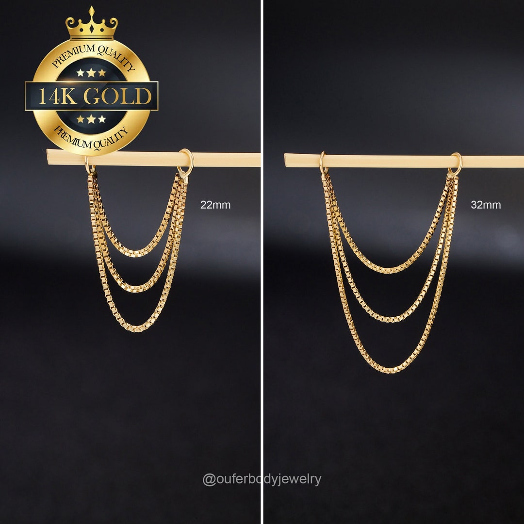 14K Solid Gold Dangle Triple Chain Attachment/loop Chain Earring/helix ...
