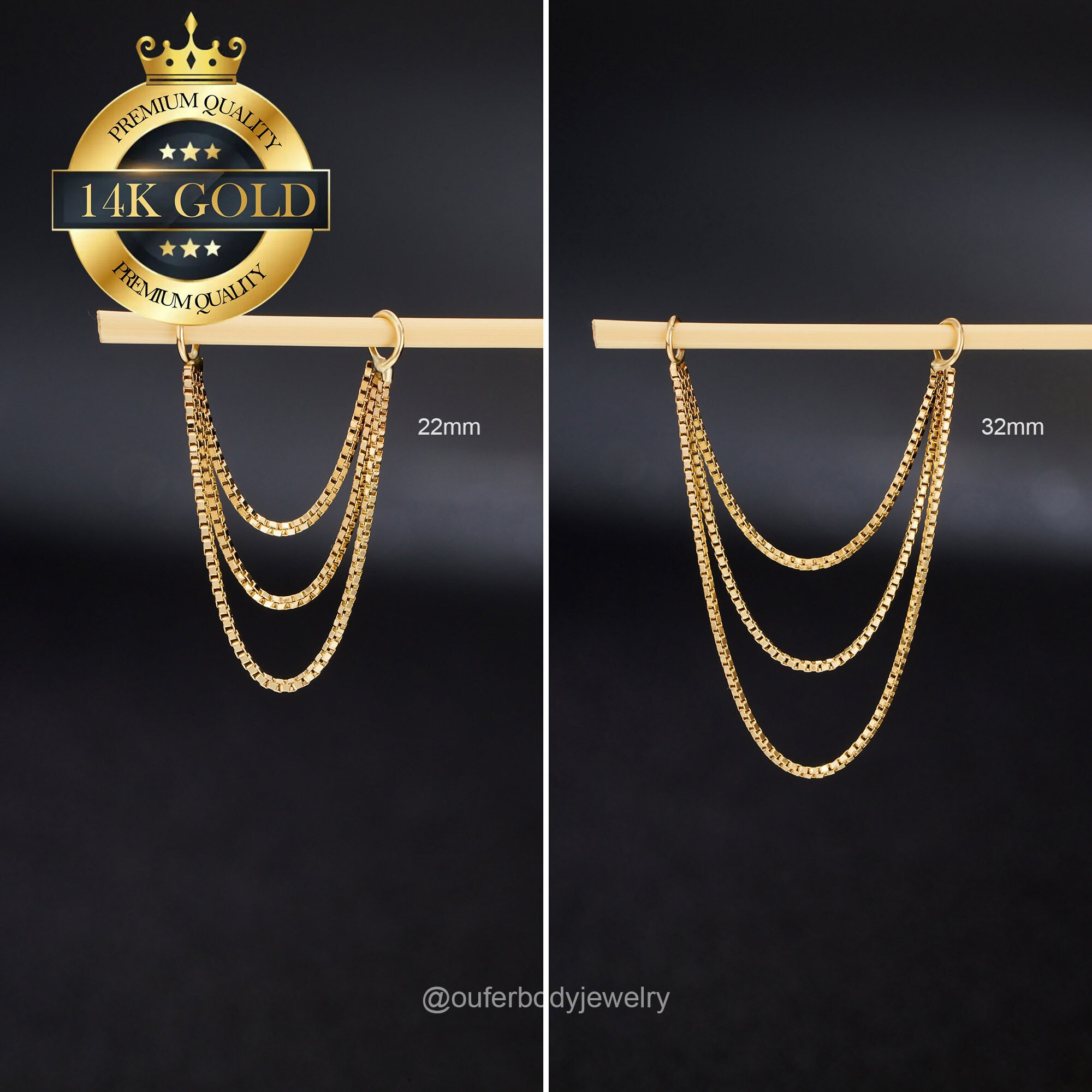14K Solid Gold Dangle Triple Chain Attachment/loop Chain Earring/helix ...