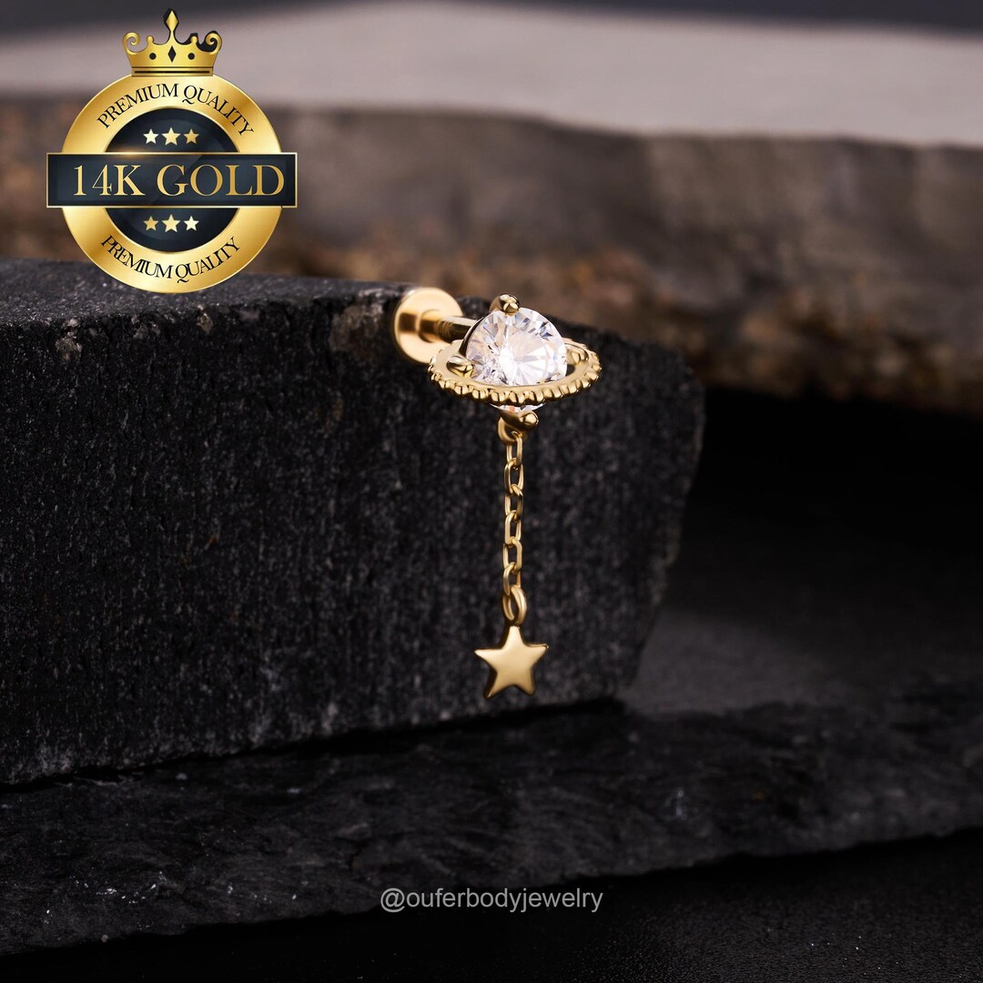 14K Solid Gold Planet Dangle Flower Threadless Flat Back Stud Earring ...