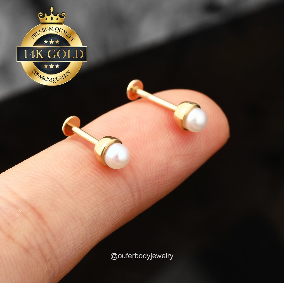 14K Solid Gold Pearl Threadless Flat Back Stud Earring/push Pin Labret ...