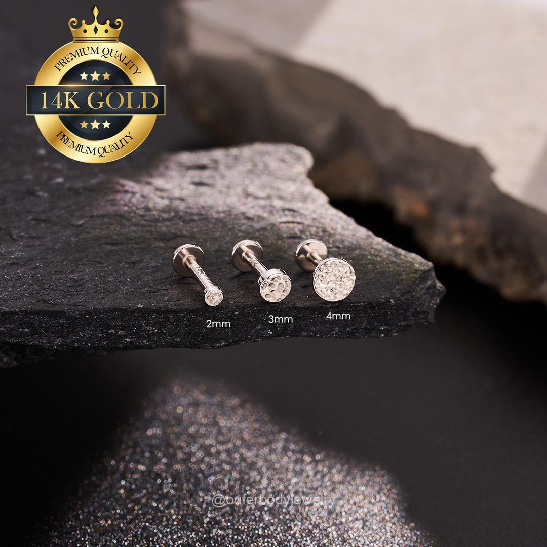 14K Solid White Gold Hammered Disc Cartilage Earrings/threadless Push ...