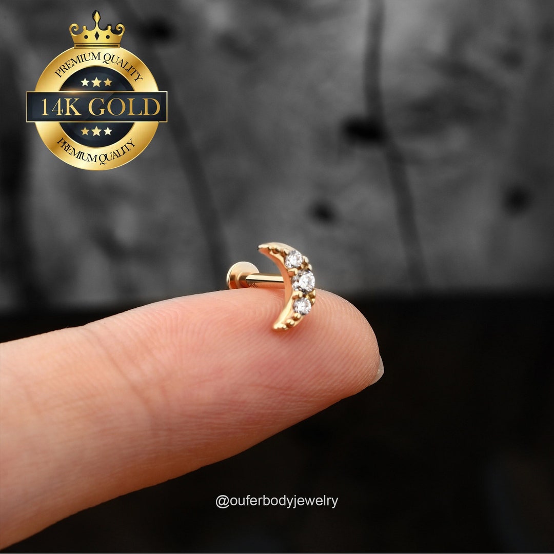 14K Gold Crescent Moon Threadless Flat Back Stud Earring/push Pin ...