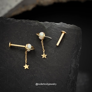 14K Solid Gold Planet Dangle Star Threadless Flat Back Stud Earrings ...