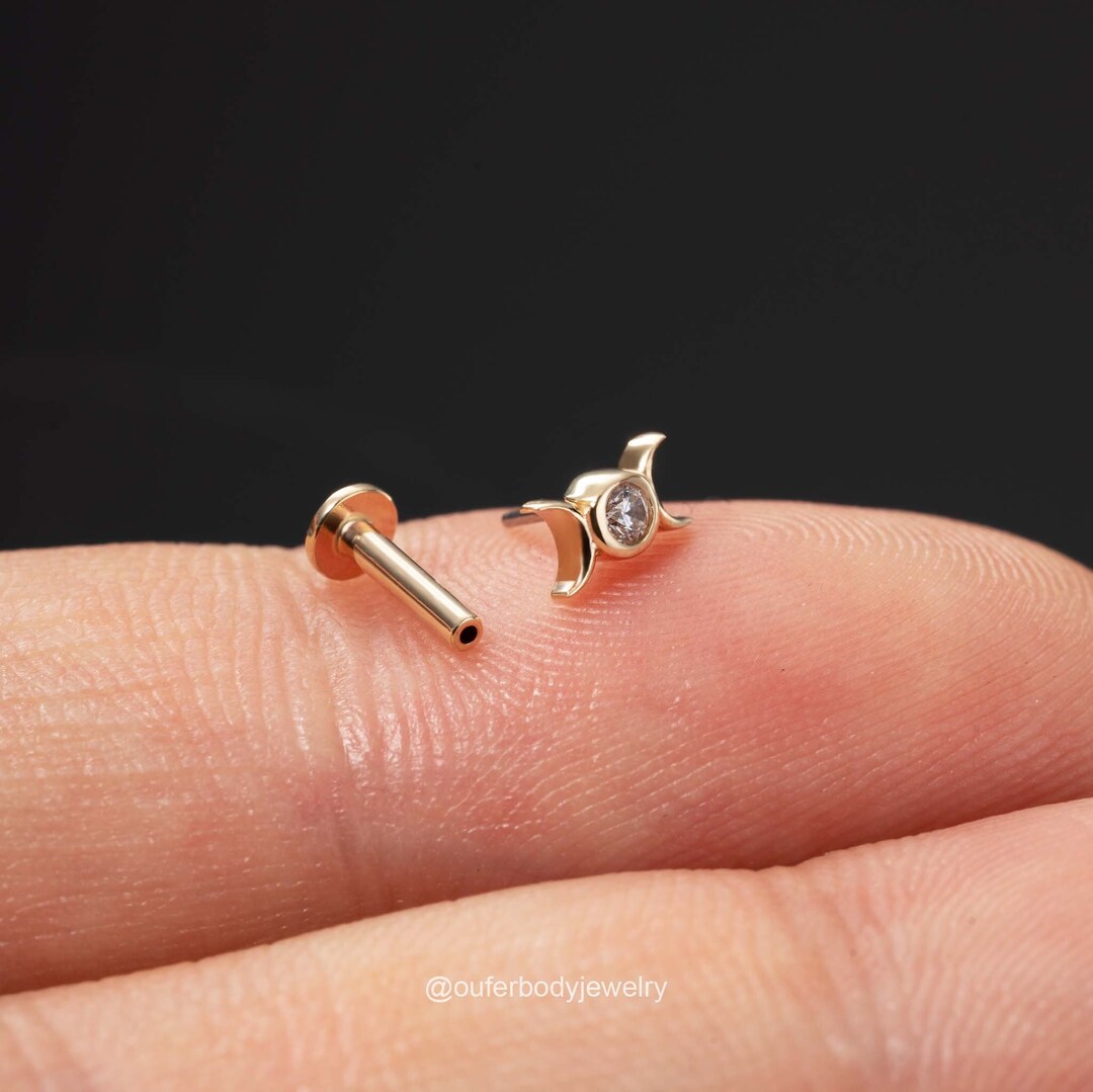 14K Solid Gold Moon Phase Threadless Stud Earring/push Pin Labret Stud ...