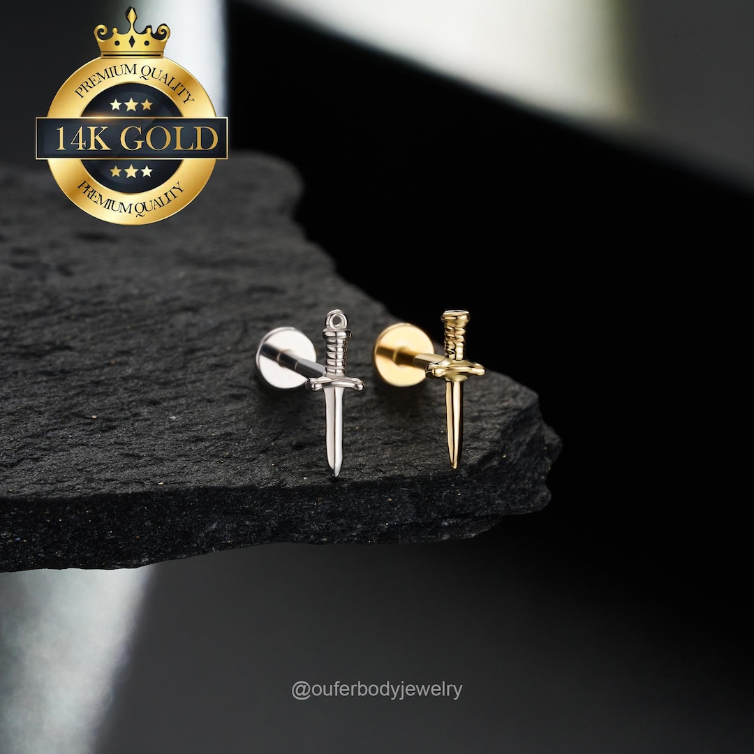 14K Solid Gold Sword Threadless Push Pin Labret Stud/cartilage Earring ...