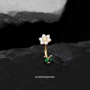 14K Solid Gold Flower Curved Barbell/green Leaf Cartilage Earring/16g ...