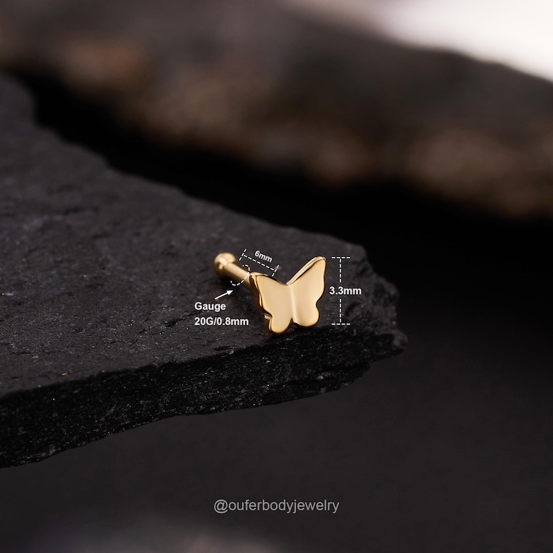 14K Solid Gold Butterfly Nose Stud/20g Nose Piercing/nose Bone/nose ...