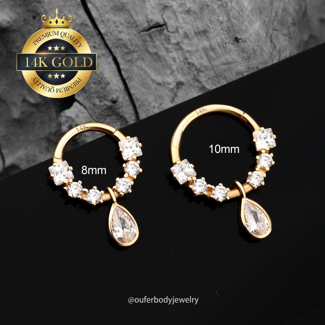 14K Solid Gold Teardrop Dangle Septum Ring/daith Earrings/helix Hoops/septum Clicker/septum ...