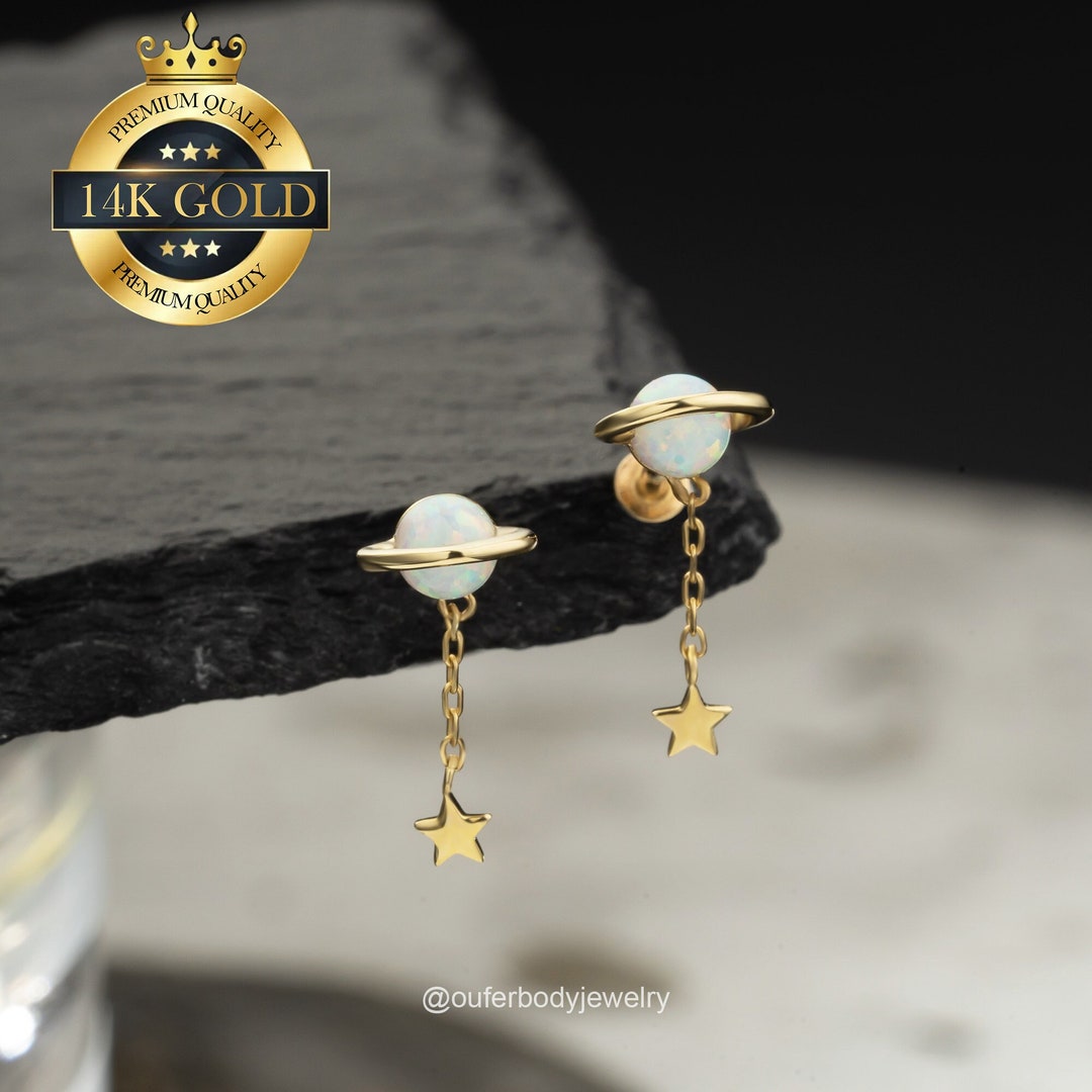 14K Solid Gold Planet Dangle Star Threadless Flat Back Stud Earrings/push Pin Labret Stud/helix ...