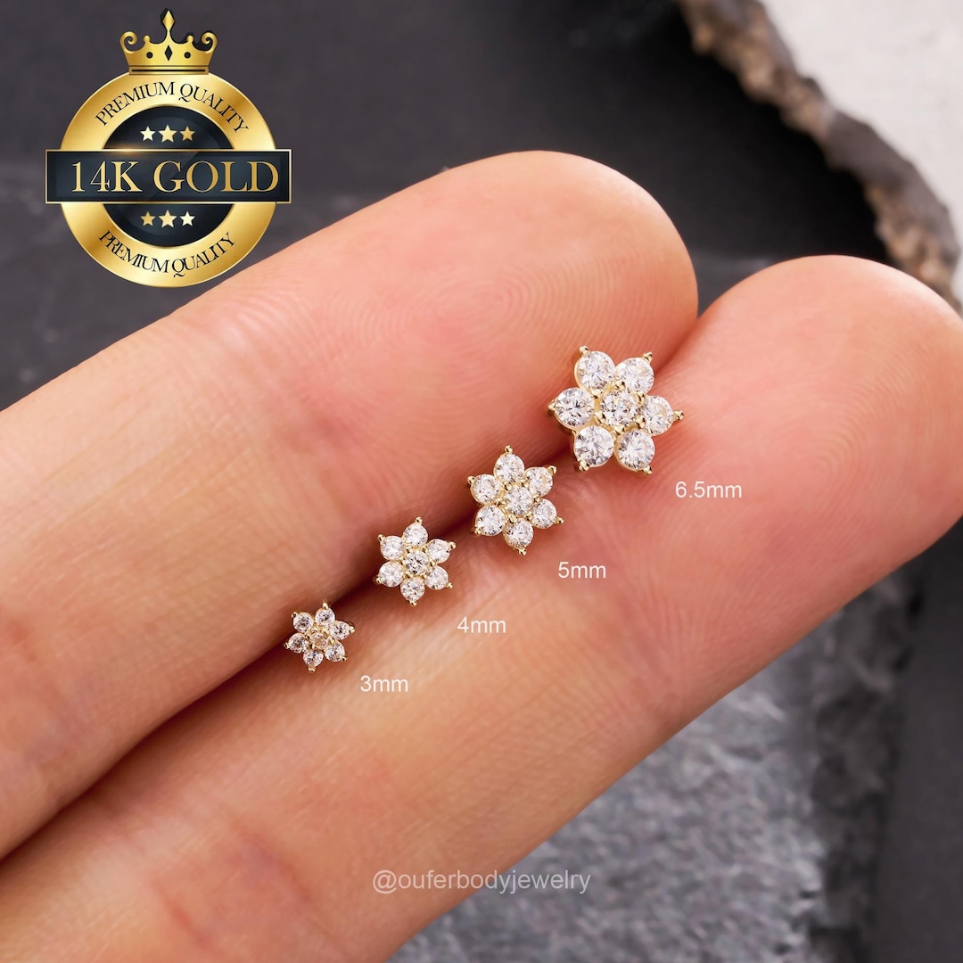 14K Solid Gold Flower Threadless Flat Back Earring/push Pin Labret Stud ...