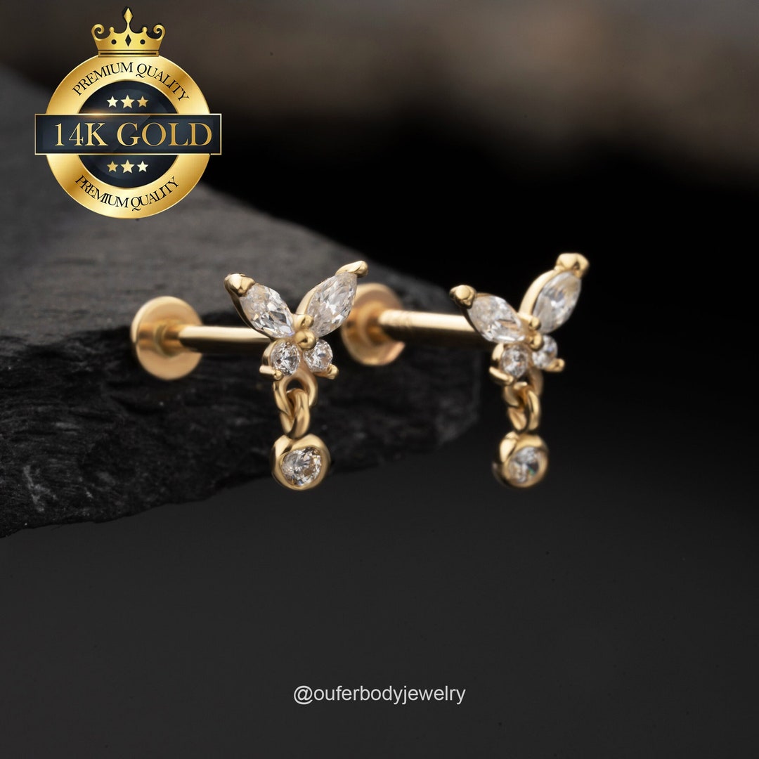 14K Solid Gold Butterfly Dangle Cartilage Earring/threadless Push Pin ...