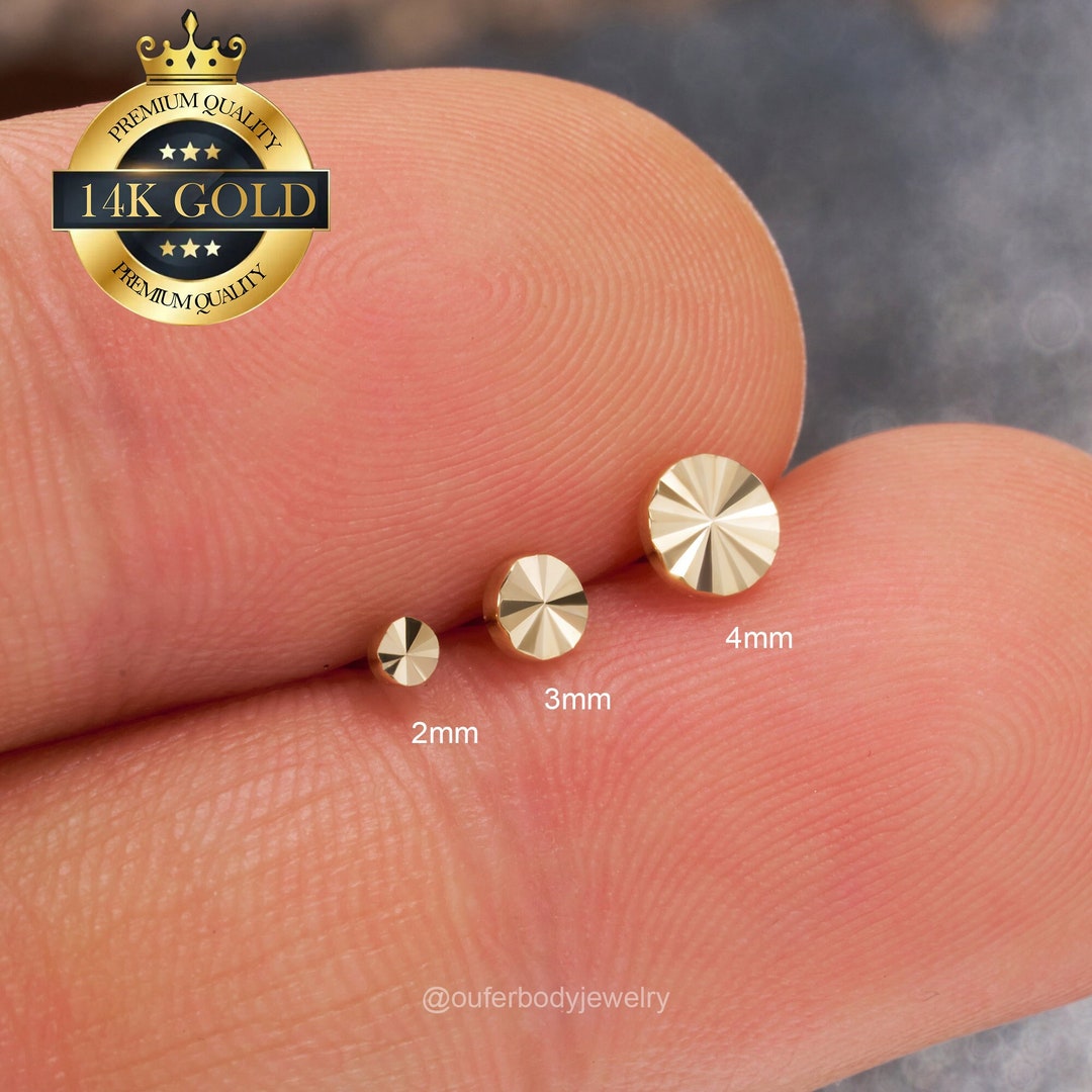 14K Solid Gold Diamond Cut Round Push Pin Labret Stud/threadless Flat ...
