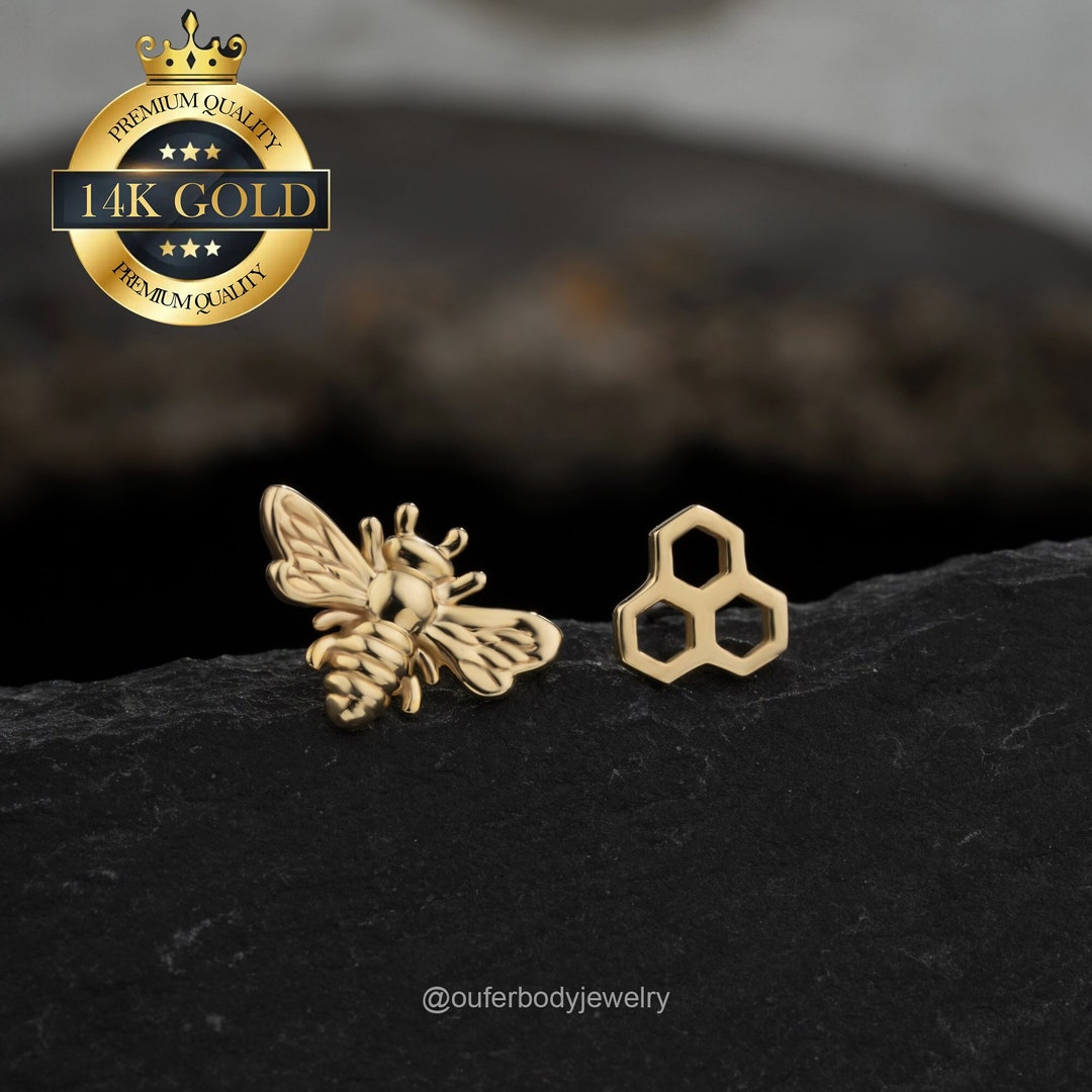 14K Solid Gold Bee & Honeycomb THREADLESS Cartilage Earring/push Pin ...