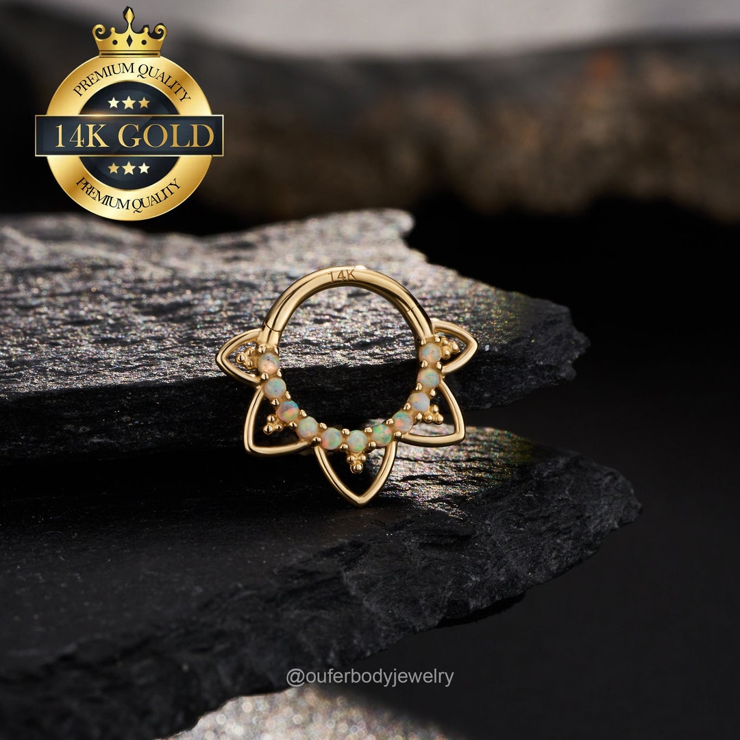14K Solid Gold Lotus Flower Hinged Daith Hoop Clicker/opal Cartilage Hoop/septum Jewelry/flower ...