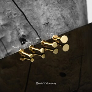 14K Solid Gold Tiny Flat Disc Threadless Push Pin Labret Stud/1.5/2/2.5 ...