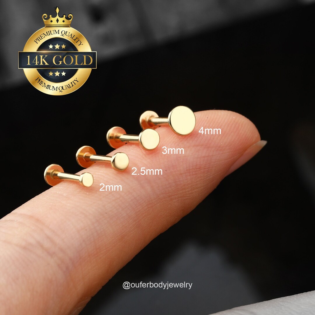 14K Solid Gold Tiny Flat Disc Threadless Push Pin Labret Stud/1.5/2/2.5 ...