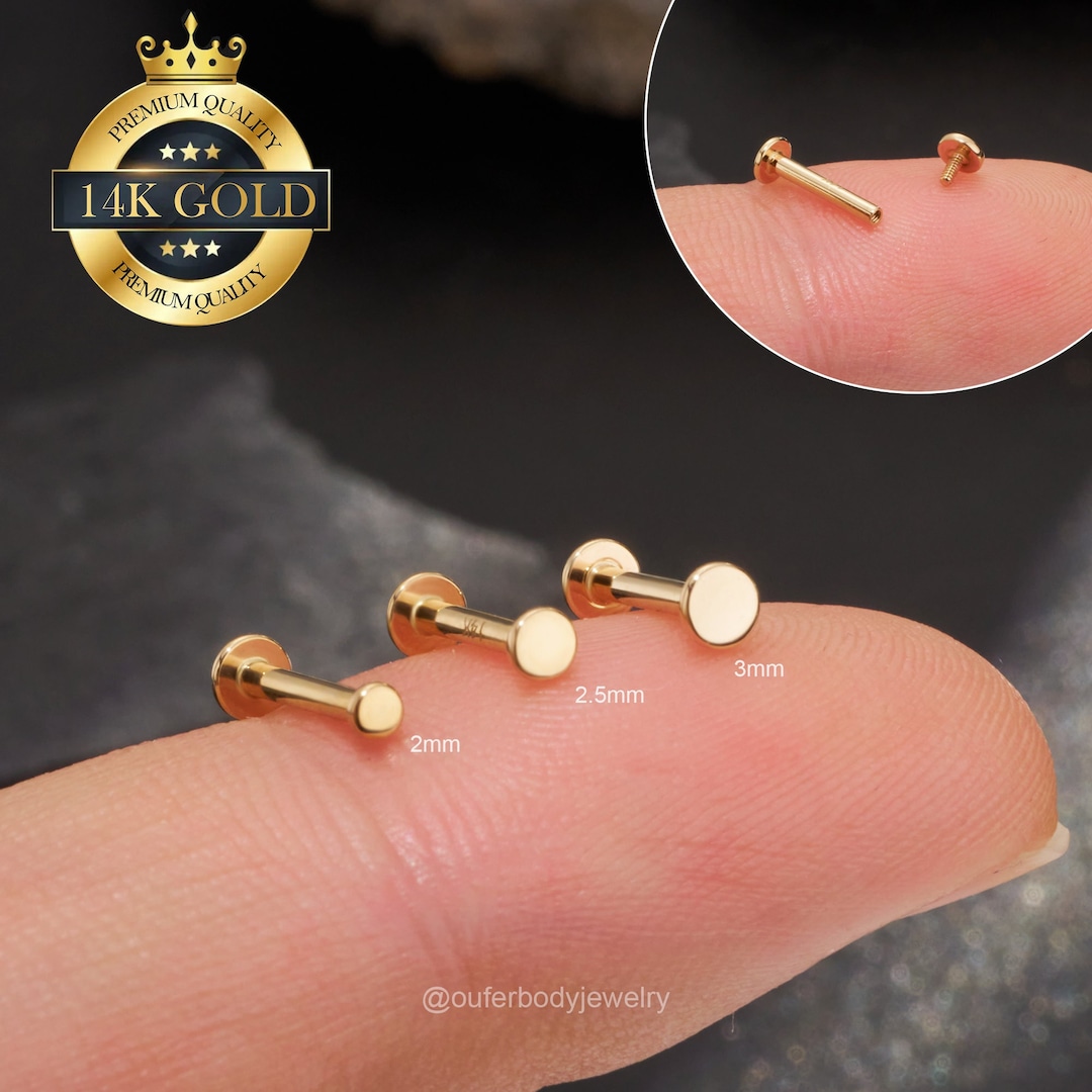 14K 8mm Solid Gold Tiny Flat Disc Stud 16G Internally Threaded/tiny ...