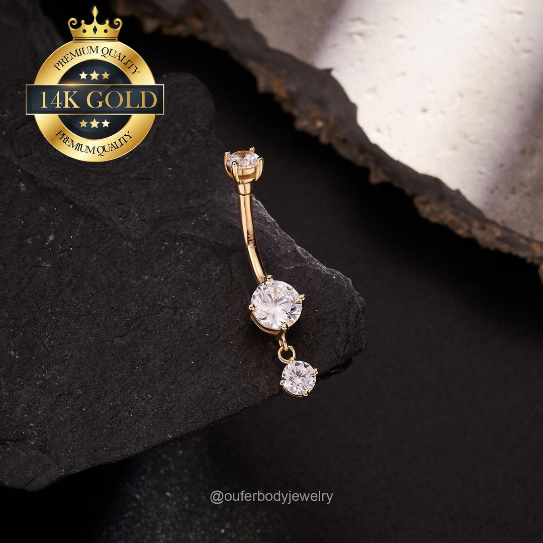 14K Solid Gold Dangle Gem Belly Button Ring/navel Jewelry/curved ...