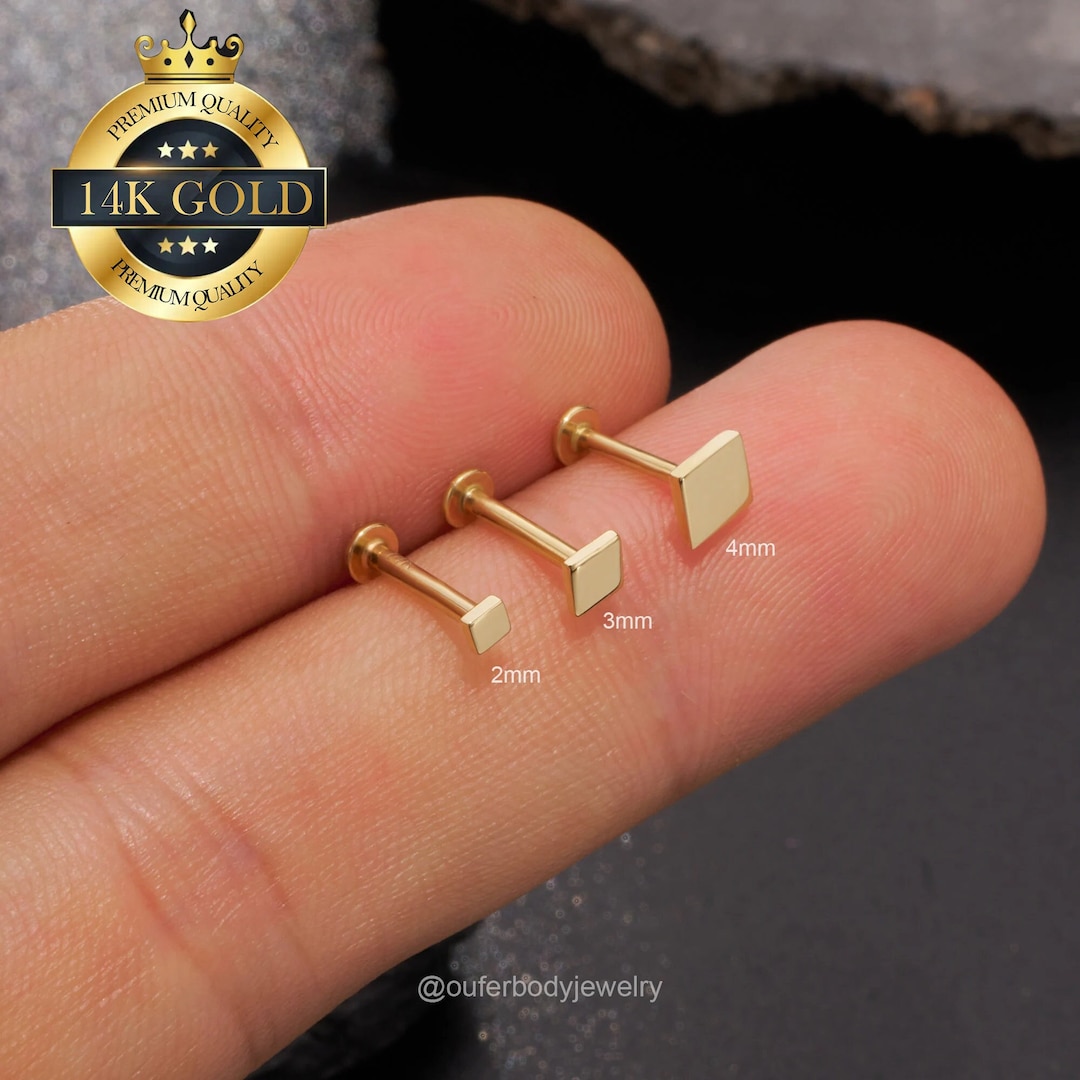 14K Solid Gold Square Cartilage Threadless Push Pin Labret Stud/conch ...