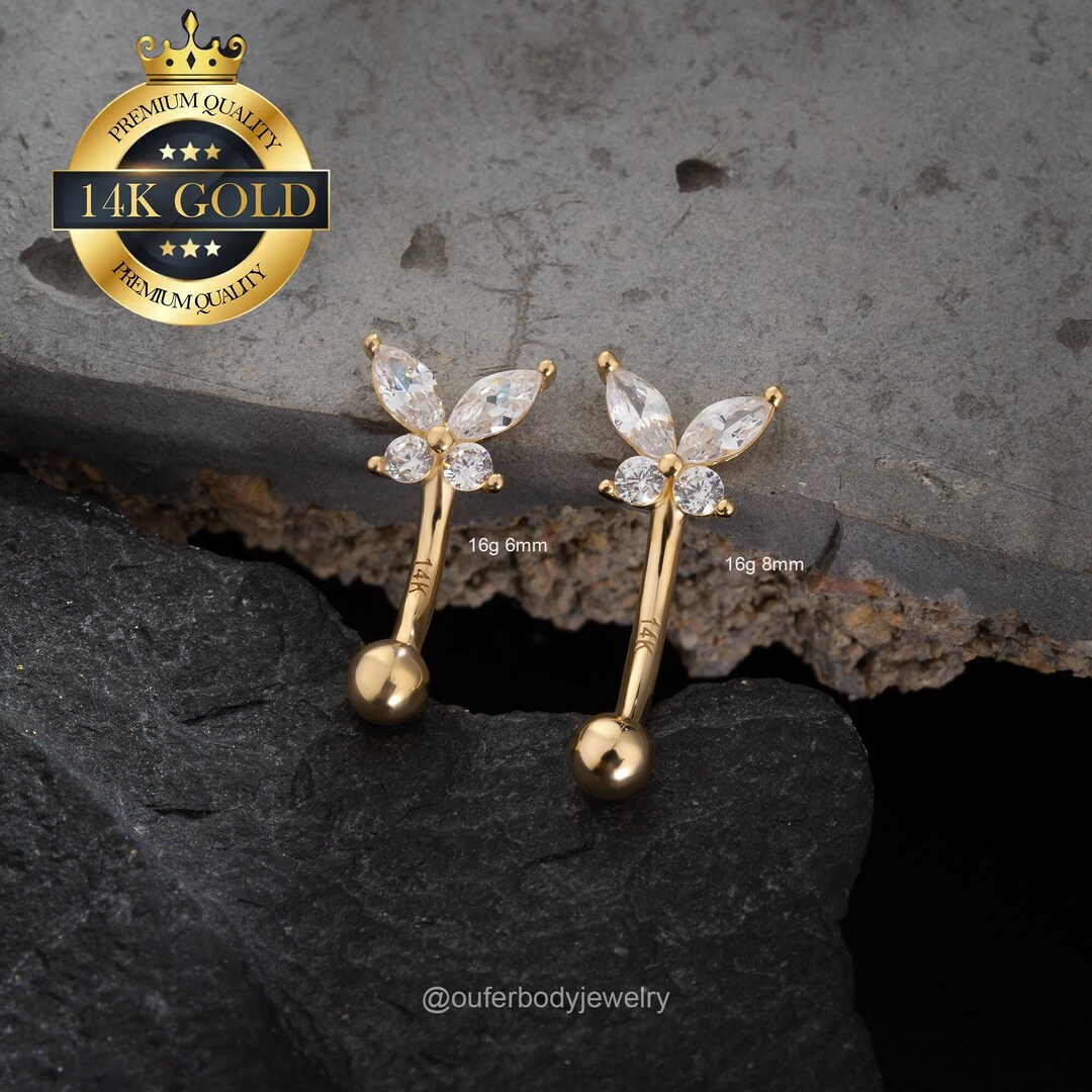 14K Solid Gold Butterfly Eyebrow Ring/16g Rook Earring/vertical Labret ...