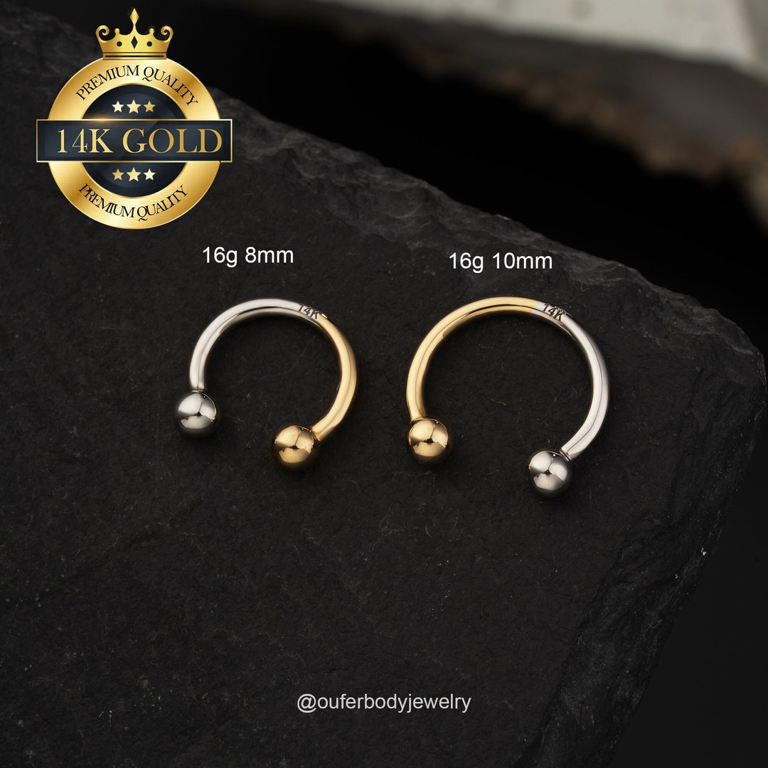 14K Internally Threaded Horseshoe Septum Ring Ball End Half Gold Half ...